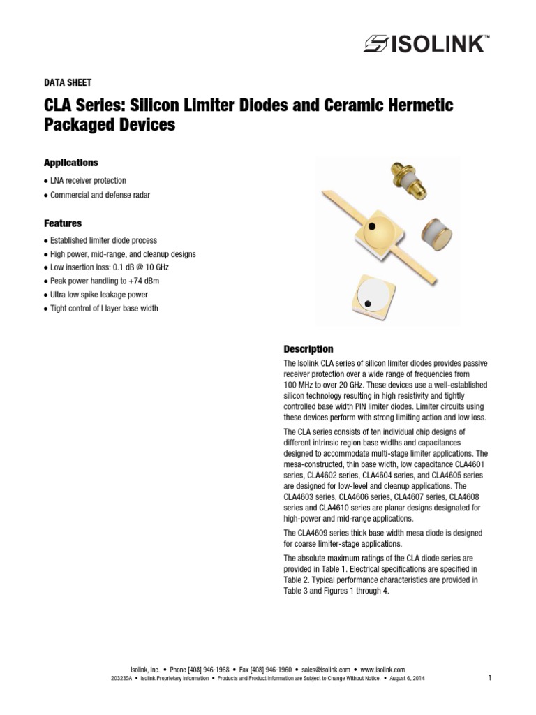 CLA Series, Silicon Limiter Diodes and Ceramic Hermetic PDF | PDF ...