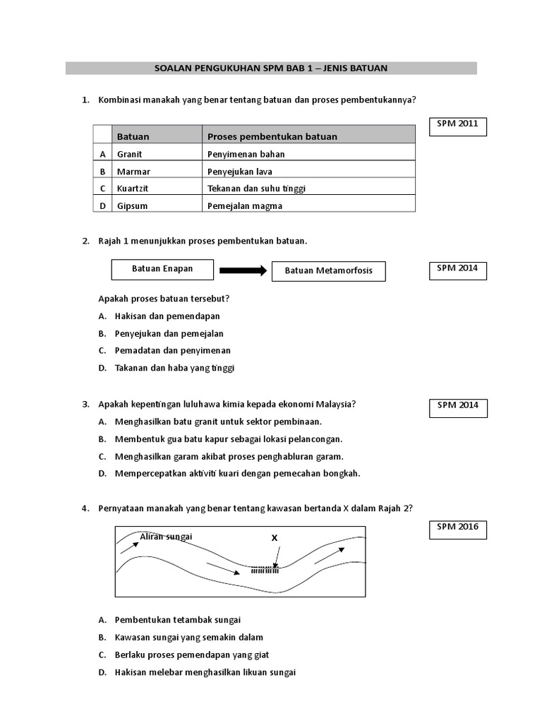 Soalan Pengukuhan SPM Bab 1-Batuan | PDF