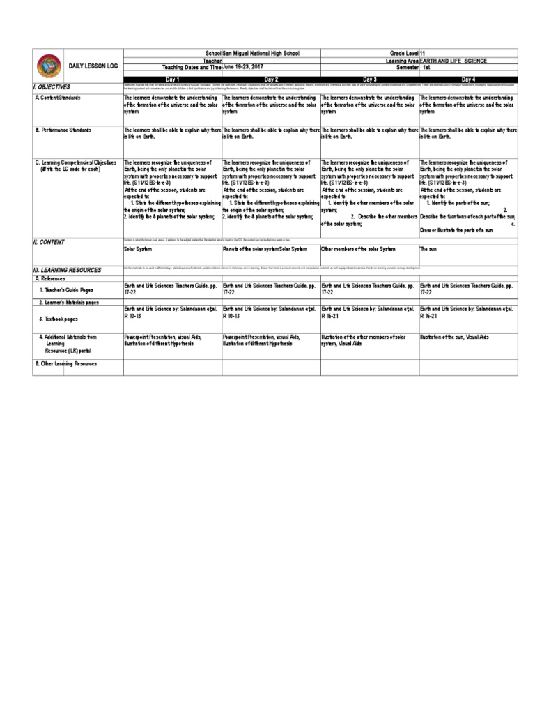 Earth and Life Week 2 | PDF | Curriculum | Learning