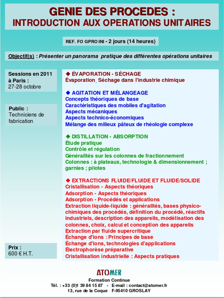 Formation Continue Genie Des Procedes Introduction Aux Operations ...