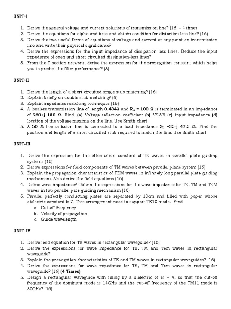 Important Questions Transmission Lines and Waveguides | PDF ...