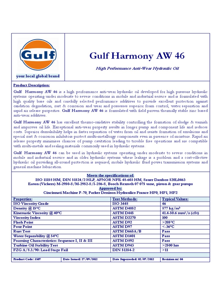 Gulf Harmony AW 46 Data Sheet | Download Free PDF | Motor Oil | Liquids Gulf Harmony AW 46 Data Sheet | Download Free PDF | Motor Oil | Liquids