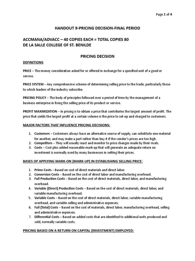 Handout 9-Pricing Decision | PDF | Prices | Cost