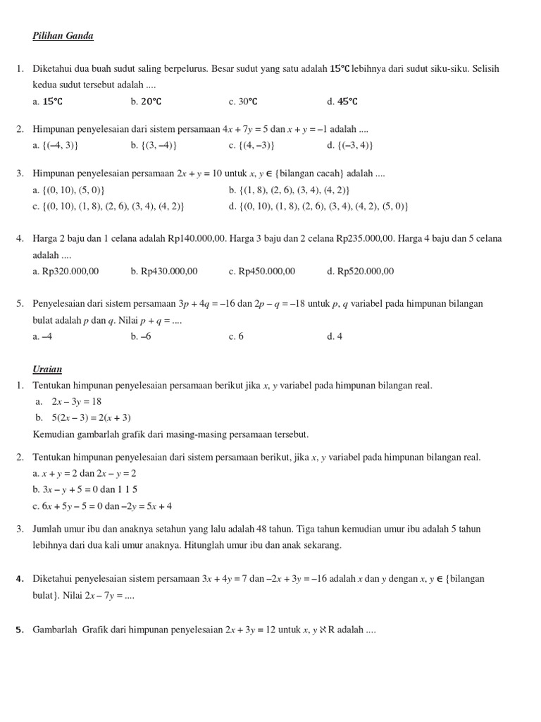 Latihan Soal Pra Ulangan SPLDV | PDF