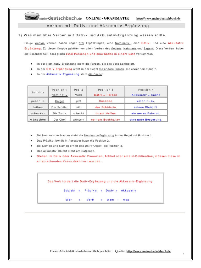 1) Was man über Verben mit Dativ-und Akkusativ-Ergänzung wissen sollte
