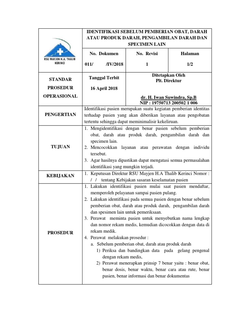 SKP 1 Sop Sambungan Identifikasi Sebelum Pemberian Obat | PDF