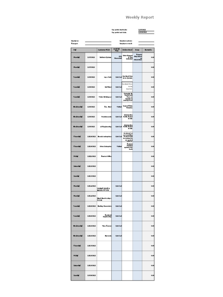 Weekly Report: Day Customer Visit Orders Recd Desp Remarks Activity ...