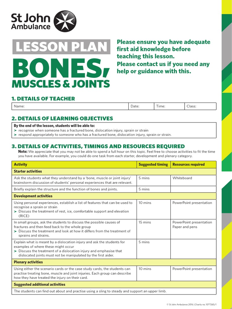 SJA First Aid Club Lesson Plan Bones Muscles and Joints Resource PDF ...
