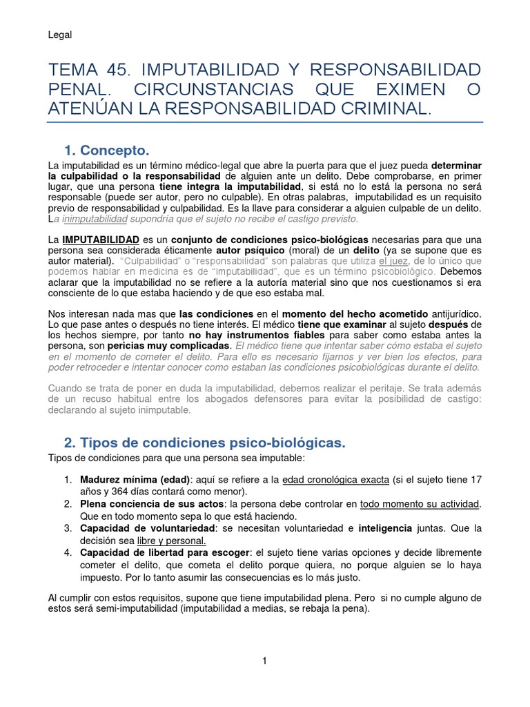 Imputabilidad | Derecho penal | Sicología y ciencia cognitiva