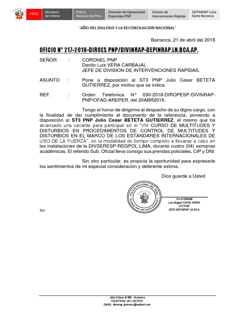 Oficio Pone A Disposicion | Descargar gratis PDF | Perú | Policía Oficio Pone A Disposicion | Descargar gratis PDF | Perú | Policía