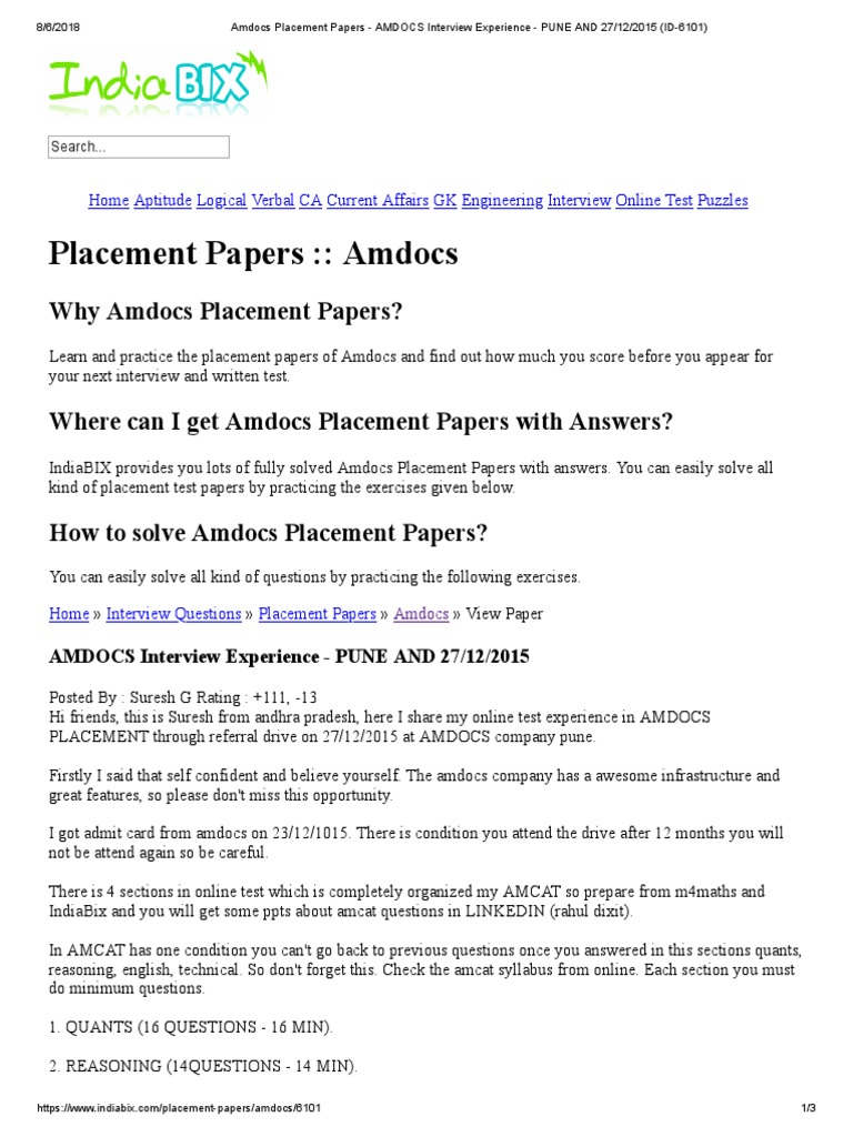 Amdocs Placement Papers - AMDOCS Interview Experience - PUNE and 27-12-2015 (ID-6101) | PDF ...