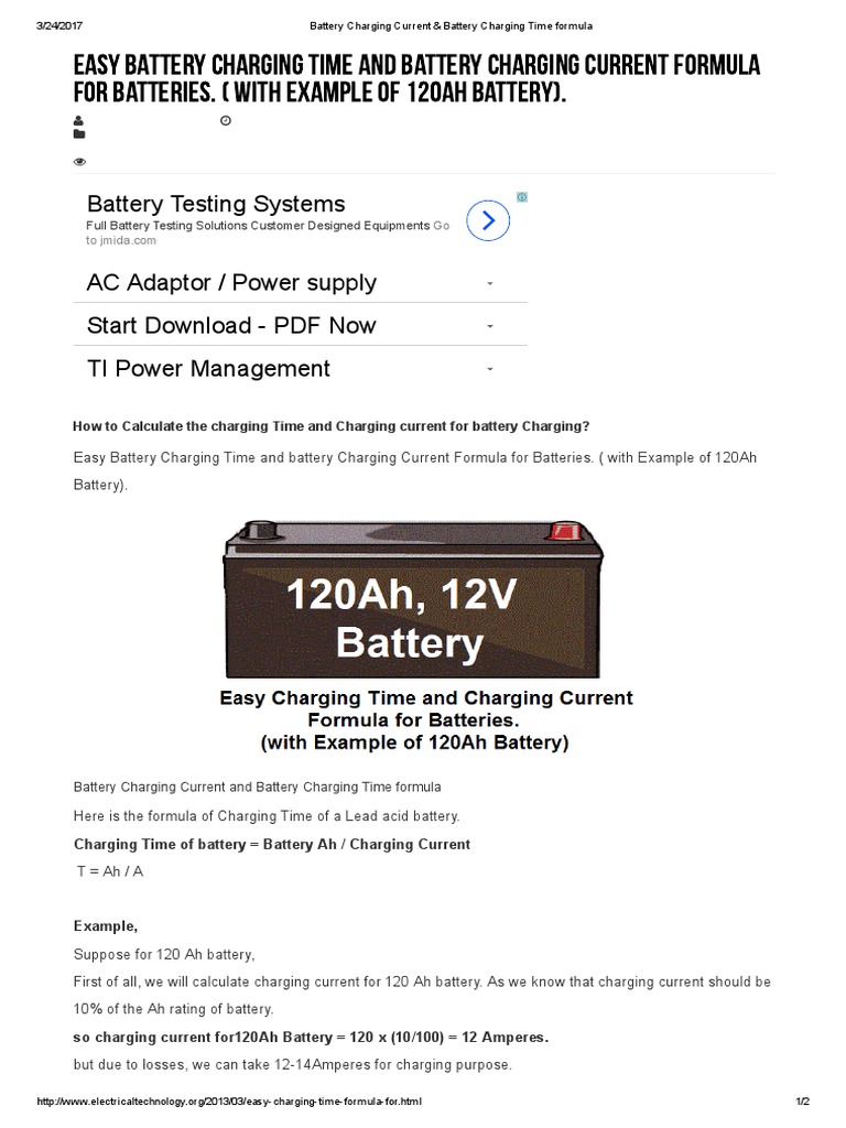Battery Charging Time and Current Formula | PDF | Battery Charger ...