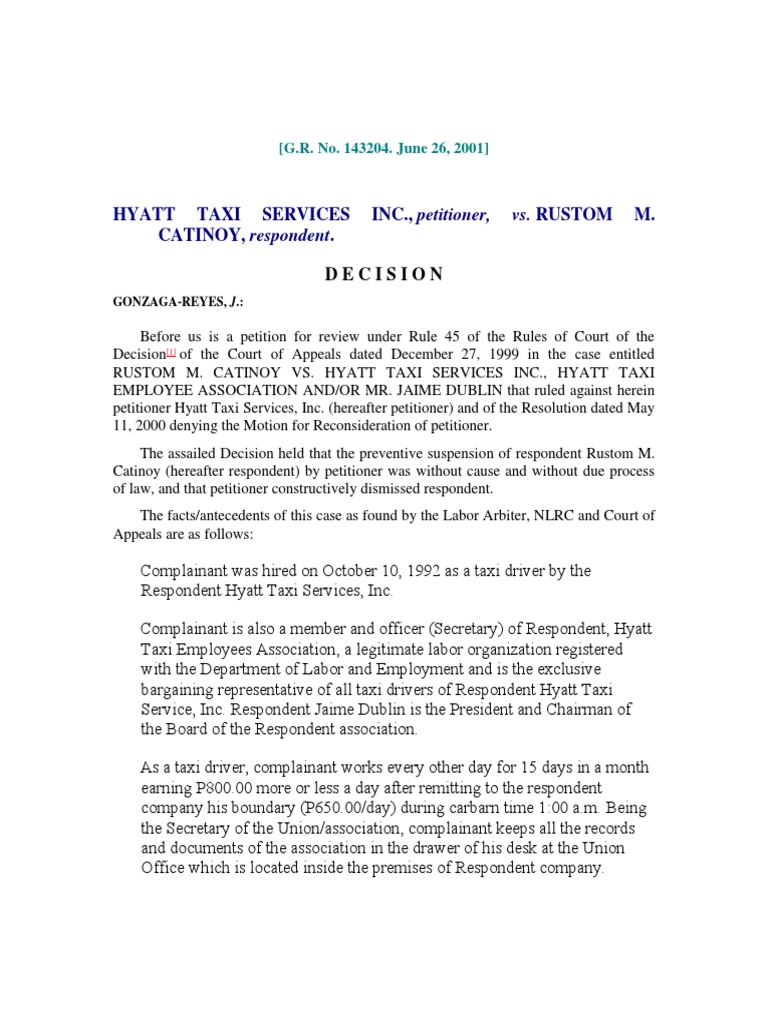 Hyatt Taxi Services Vs Catinoy | PDF | Complaint | Employment