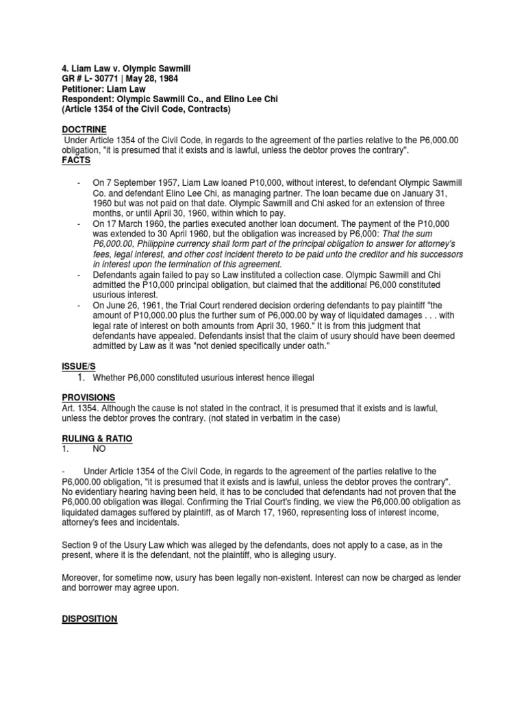 Liam Law v. Olympic Sawmill | PDF | Usury | Liquidated Damages