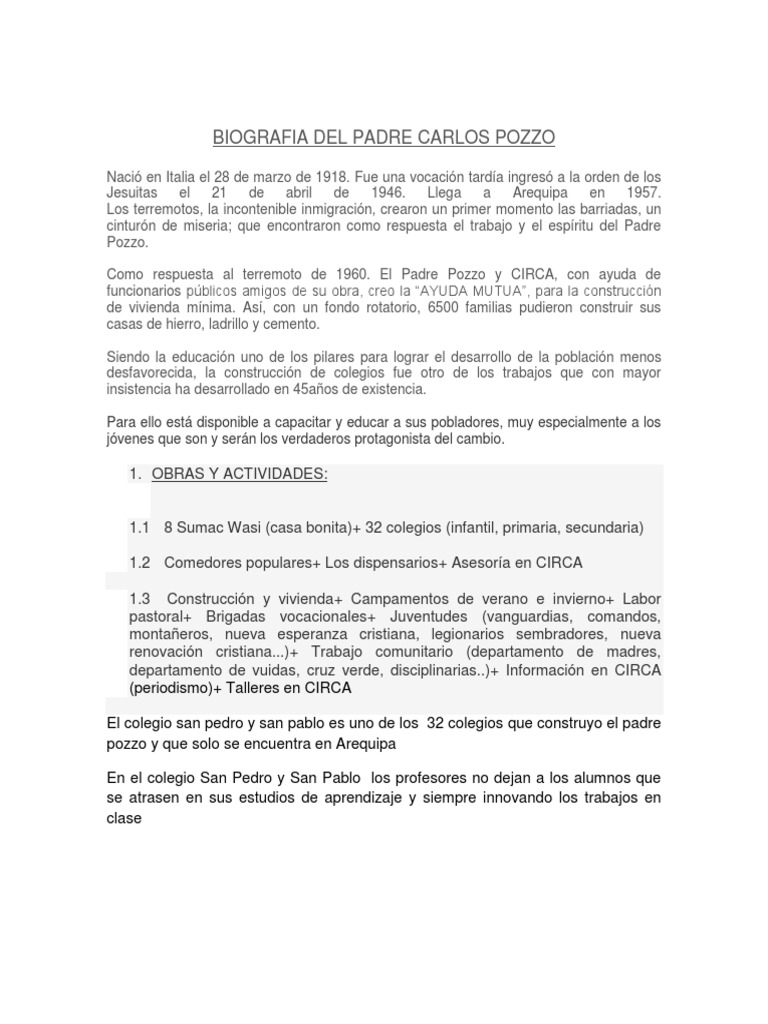 Biografia Del Padre Carlos Pozzo | PDF