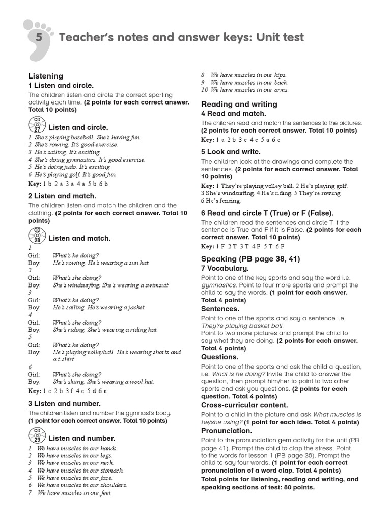 Teacher's Notes and Answer Keys: Unit Test 5: Listening | PDF | Sports ...