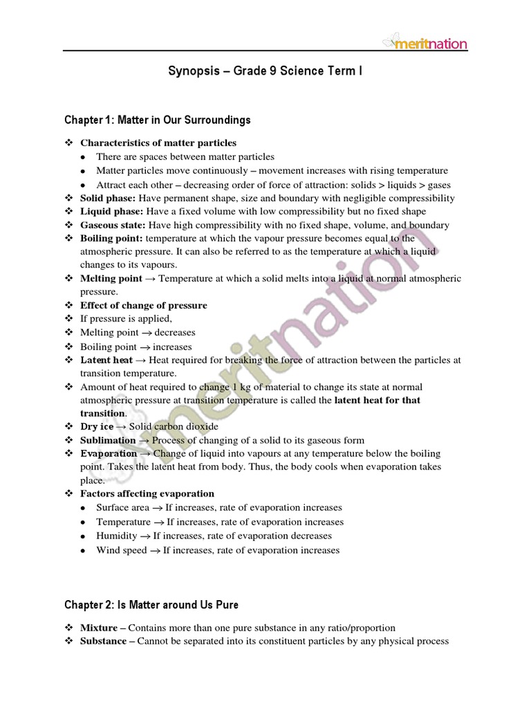 Synopsis - Grade 9 Science Term I: Chapter 1: Matter in Our ...