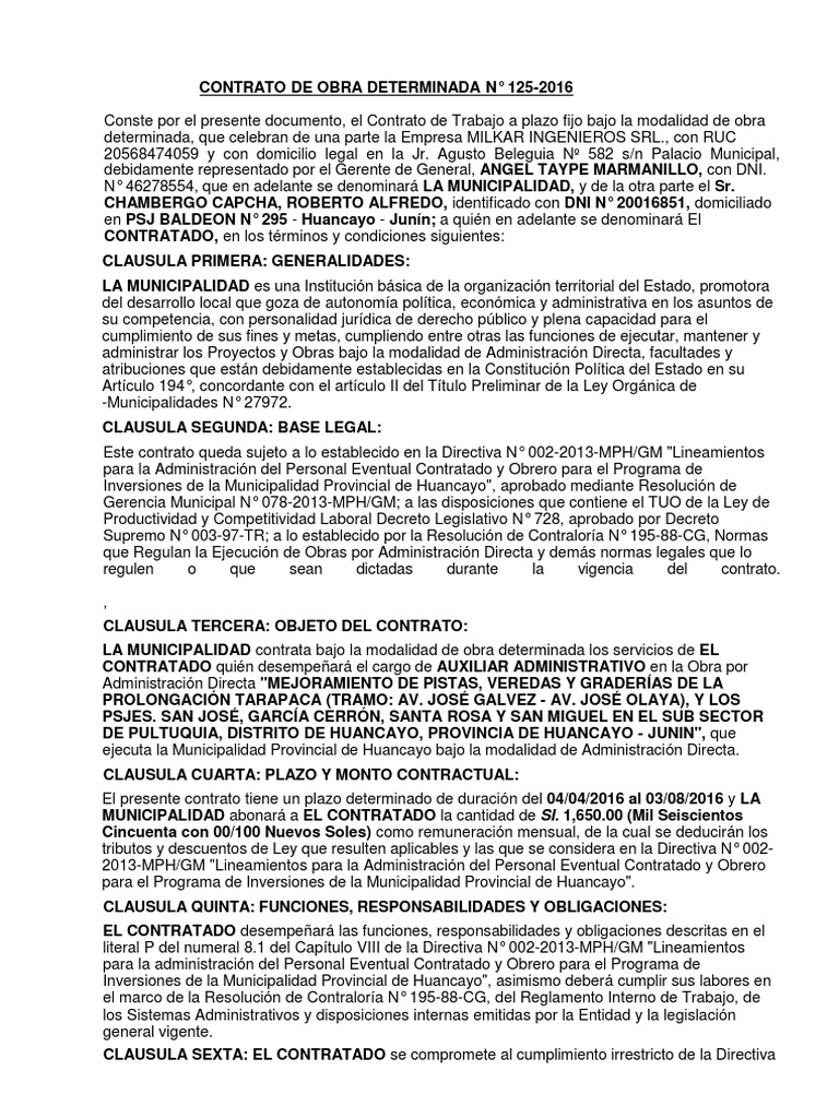 Contrato de Obra Determinada | PDF | Gobierno local | Derecho laboral
