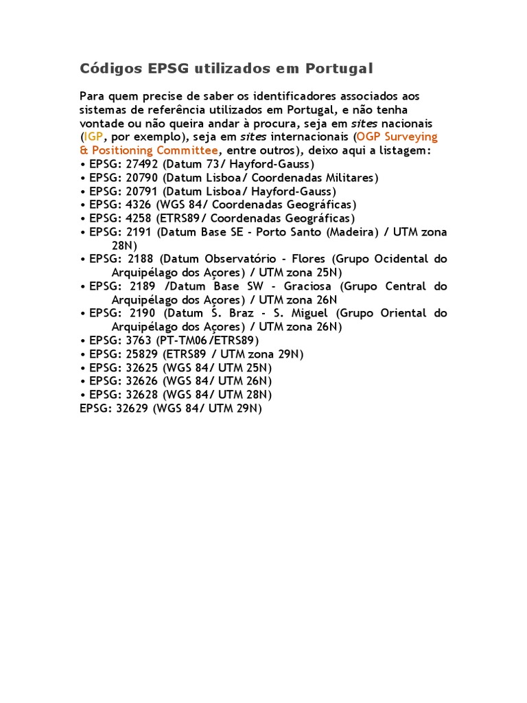 Códigos EPSG em Portugal | PDF | Tecnologia e Engenharia