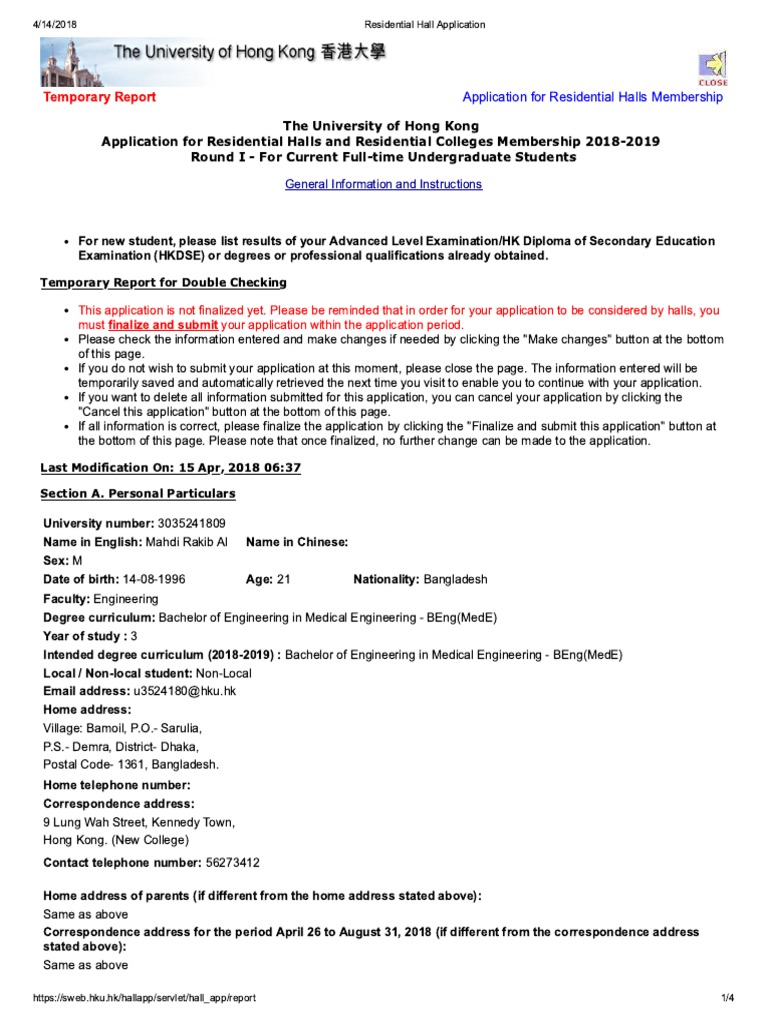 Residential Hall Application | PDF