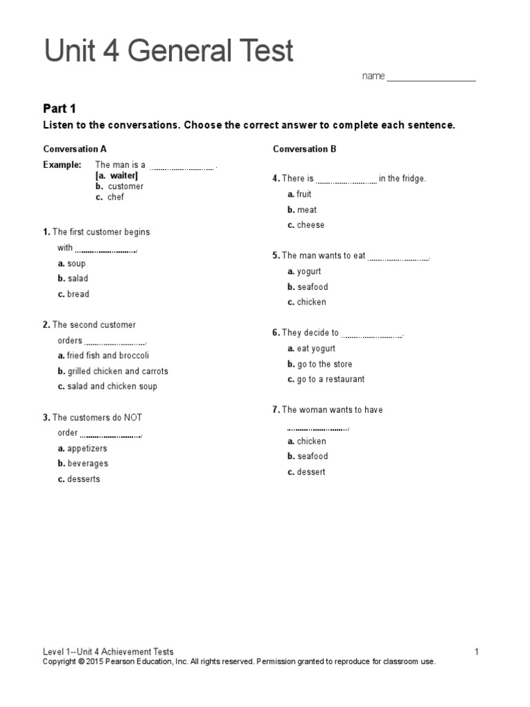 TN1 Unit 4 Assessment | PDF | Salad | Lunch