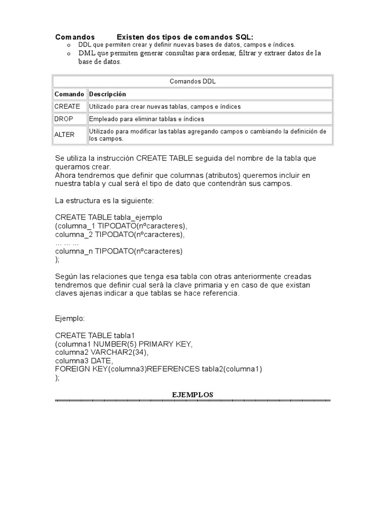 Comandos DLL - SQL | PDF | Tabla (base de datos) | SQL