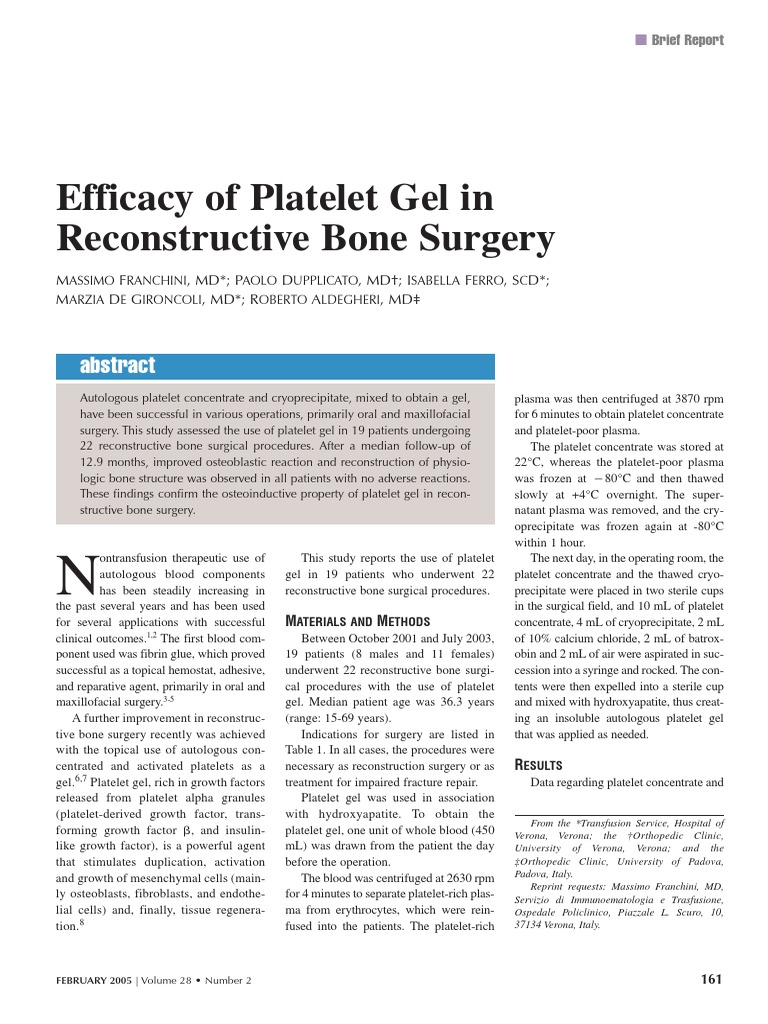 Efficacy of Platelet Gel in Reconstructive Bone Surgery: M F, MD P D ...