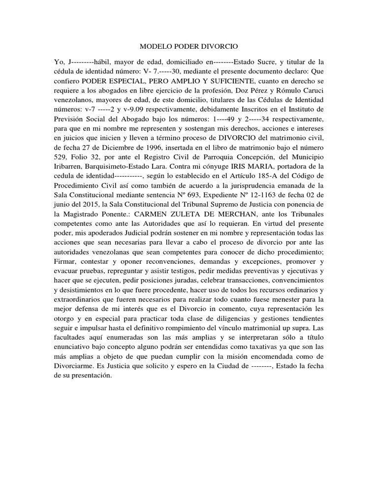 Modelo Poder Especial Divorcio | PDF | Divorcio | Caso de ley