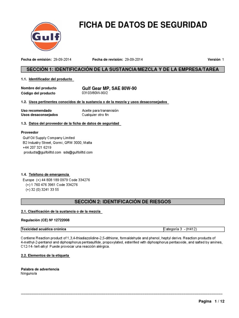 80W-90 - 2 - Gulf Gear MP, SAE 80W-90 - G2 - SDS - ES - F | PDF ... 80W-90 - 2 - Gulf Gear MP, SAE 80W-90 - G2 - SDS - ES - F | PDF ...