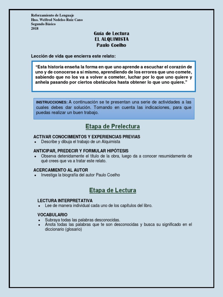 Guía de Lectura El ALQUIMISTA Segundo Básico | PDF | Lectura (proceso ...