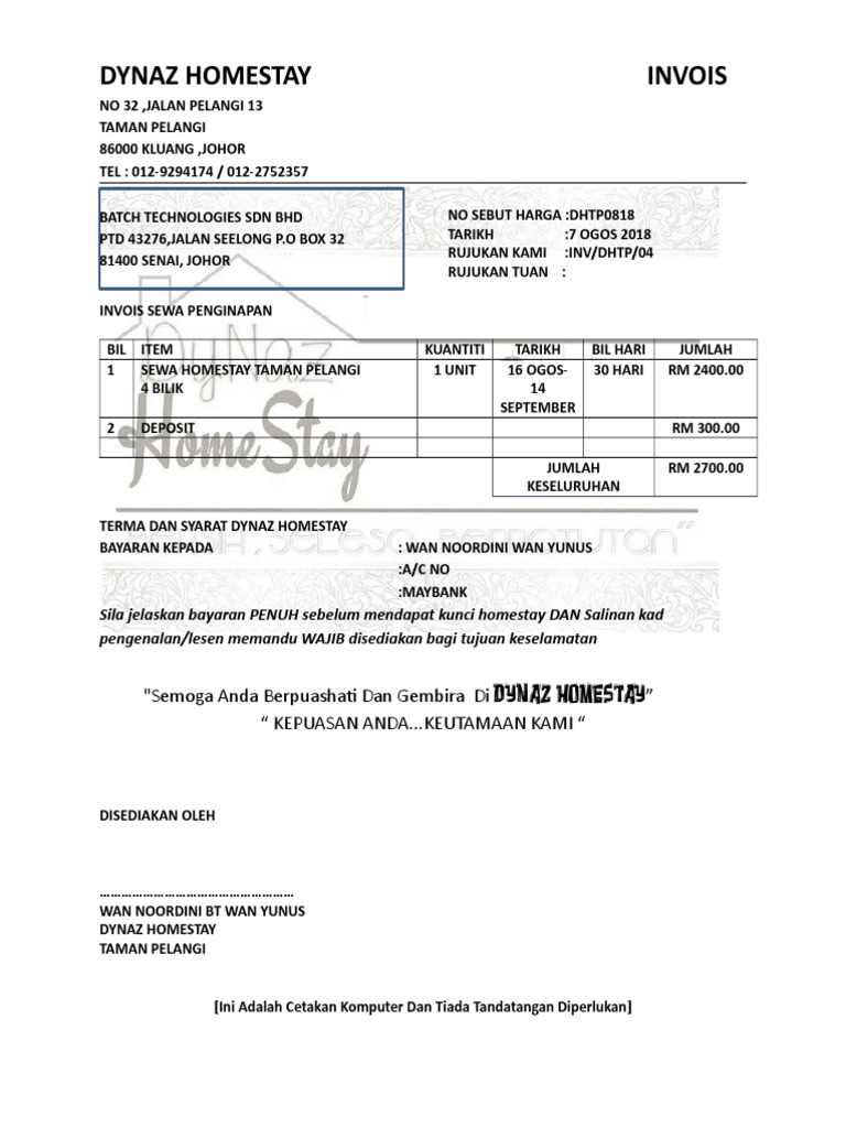 Invois Homestay 2018 | PDF