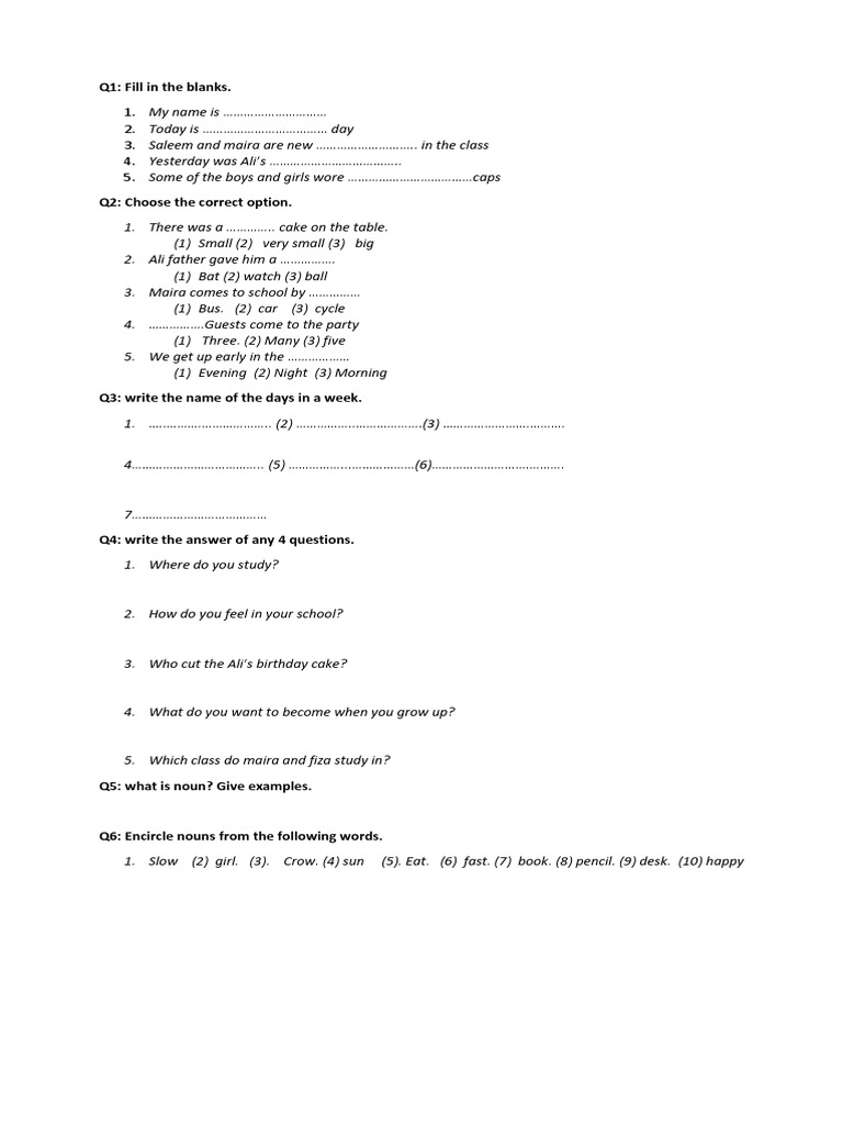 Q1: Fill in The Blanks | PDF