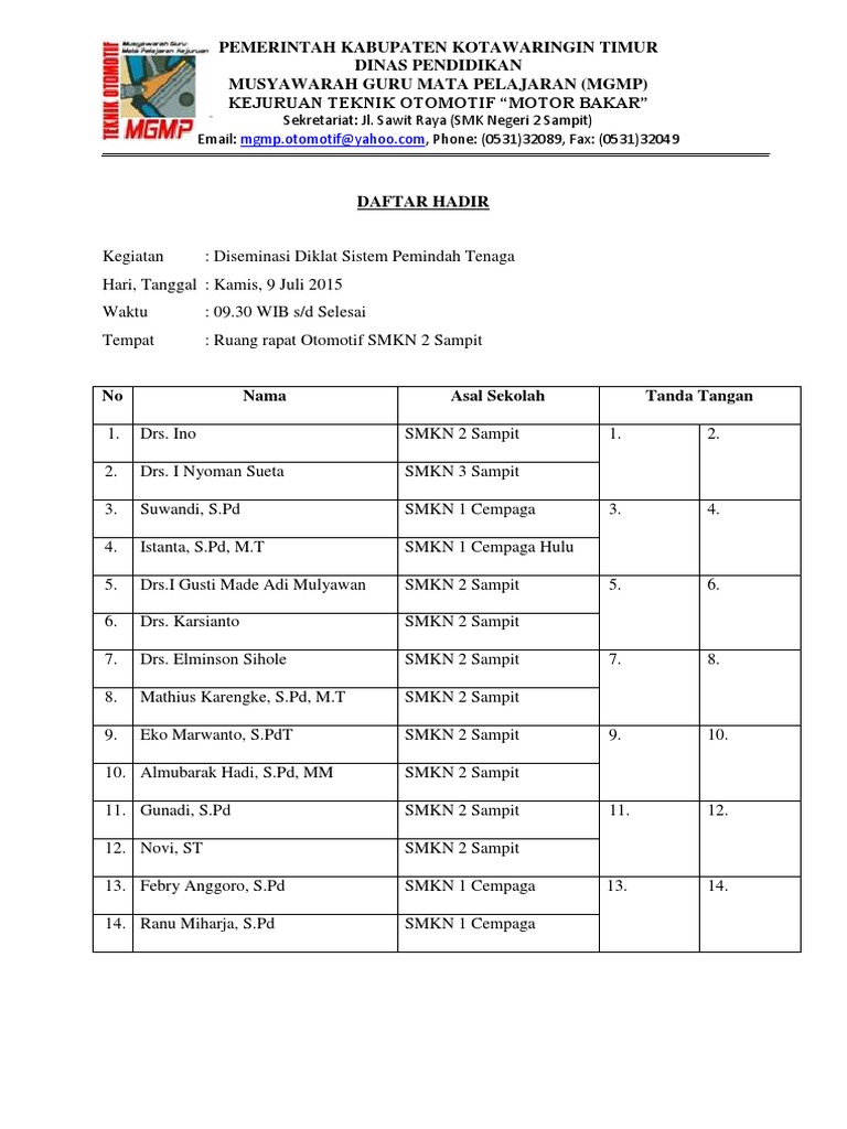 Daftar Hadir Seminar MGMP Otomotif | PDF
