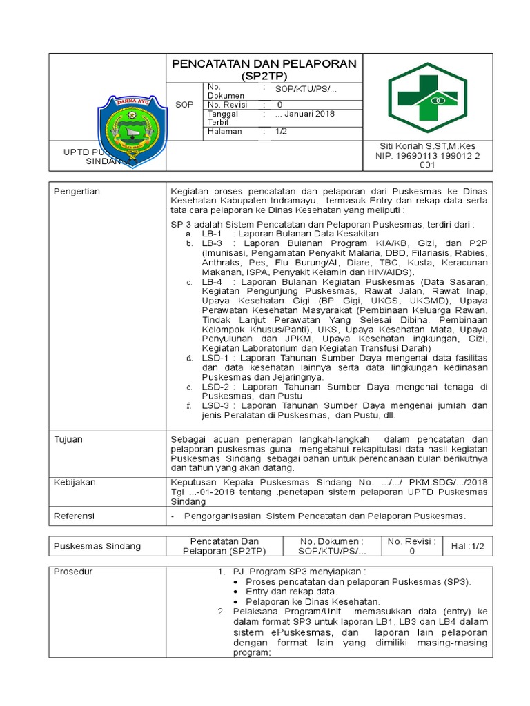 E.P. 2.3.7 Sop Pencatatan Dan Pelaporan (Sp2tp) | PDF