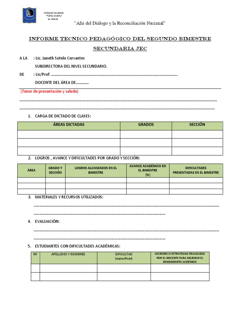 Informe Tecnico Pedagógico Del Primer Bimestre | PDF | Maestros | Evaluación