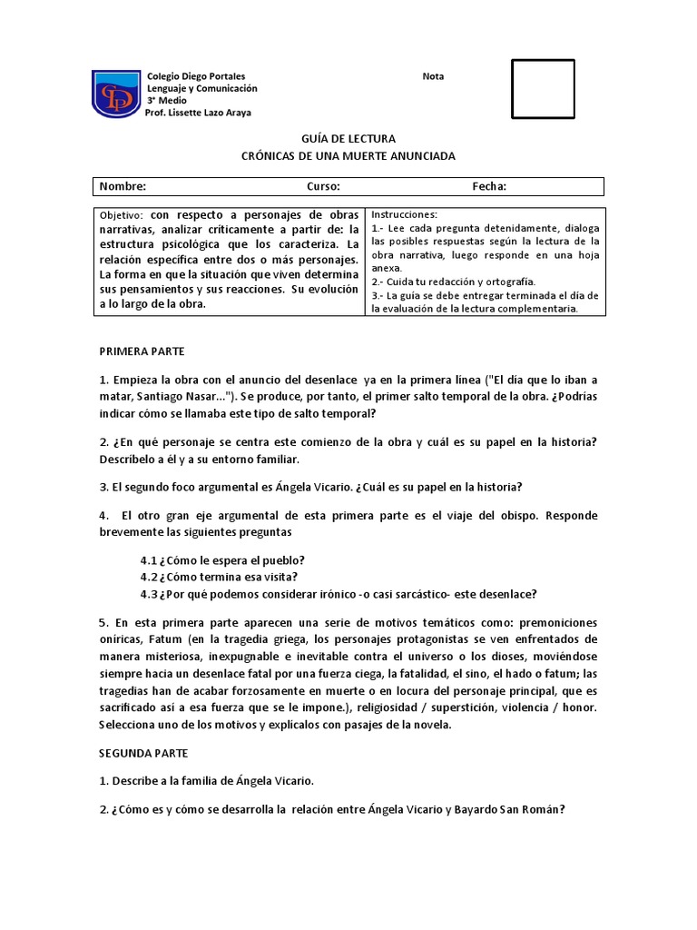 Guía de Lectura Crónicas de Una Muerte Anunciada | PDF | Muerte