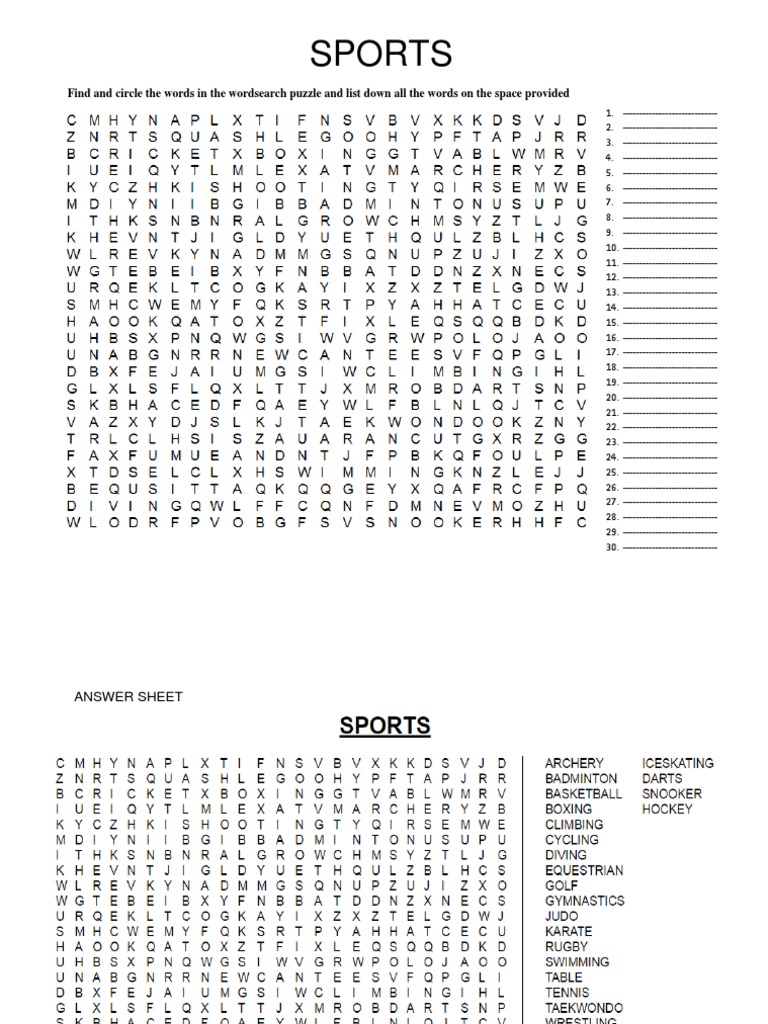 Sports: Find and Circle The Words in The Wordsearch Puzzle and List ...