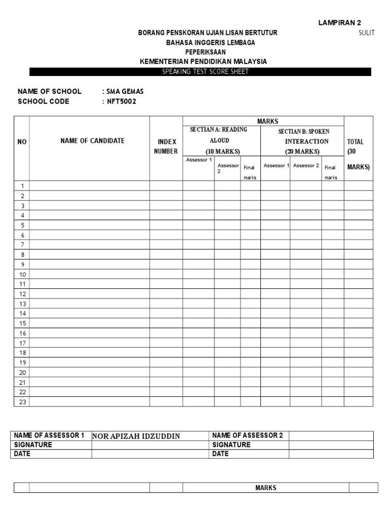 Sulit: Speaking Test Score Sheet | PDF
