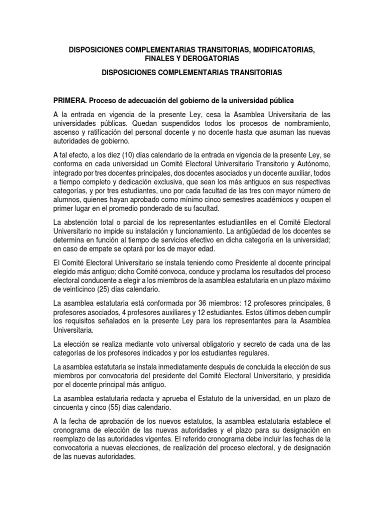 Ley Universitaria-Disposiciones Complementarias Transitorias | PDF | Elecciones | Regulación