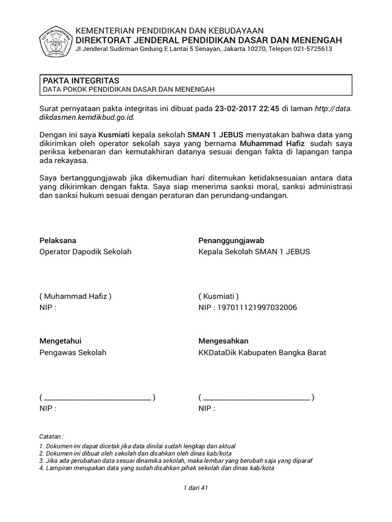 Pakta Integritas Data SMAN 1 Jebus | PDF