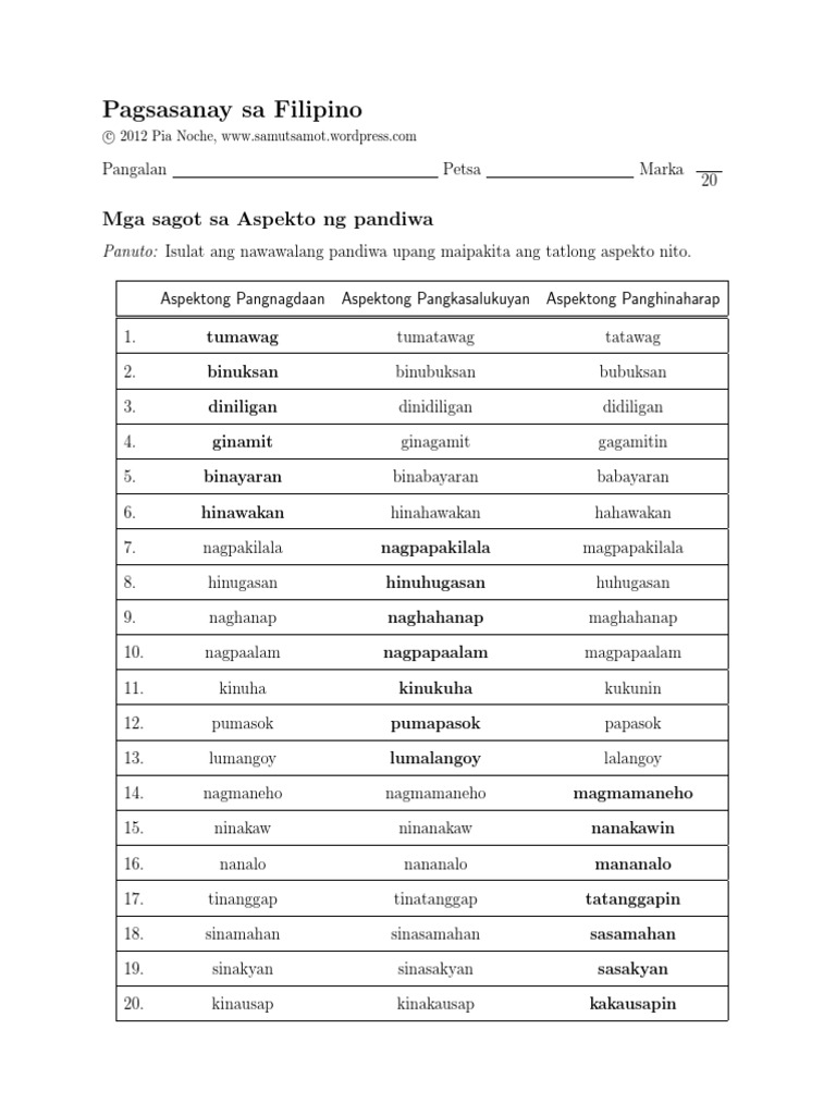 Mga Sagot Sa Aspekto NG Pandiwa 11 | PDF