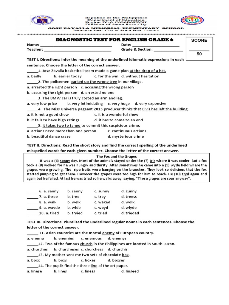 Diagnostic Test With Tos For English Grade 6 New Curriculum | PDF ...