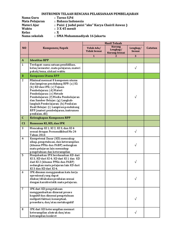 Instrumen Telaah Rencana Pelaksanaan Pembelajaran | PDF