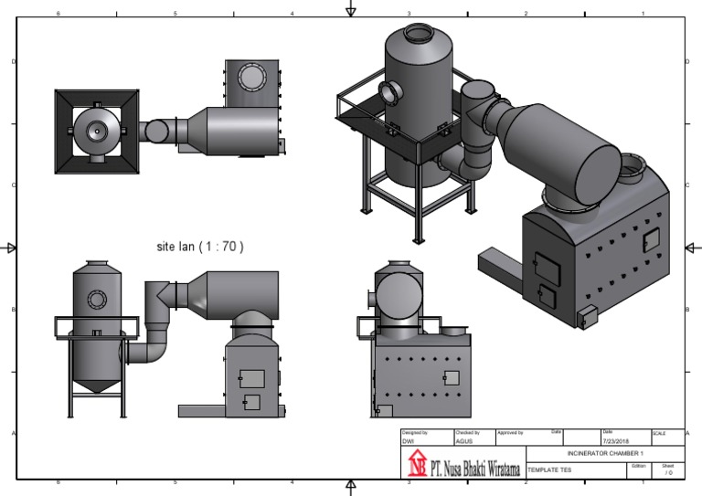 Design drawing of an incinerator chamber with labeled dimensions and ...