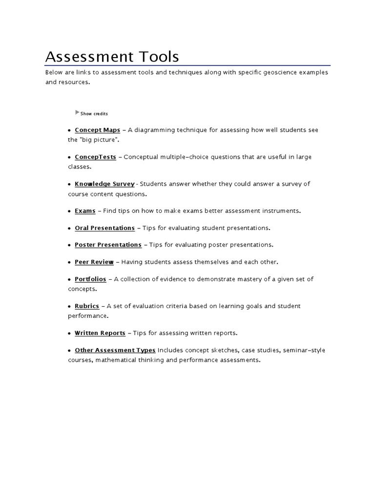 Assessment Tools: Show Credits | PDF | Career & Growth | Art