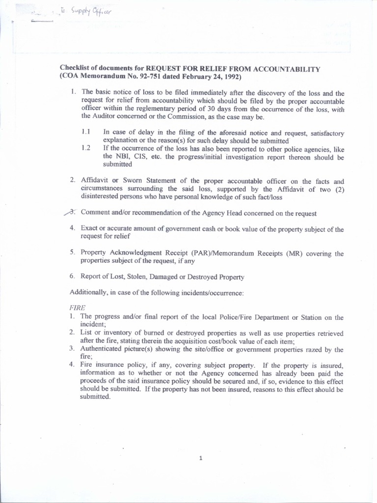 Checklist of Documents for Request for Relief From Accountability