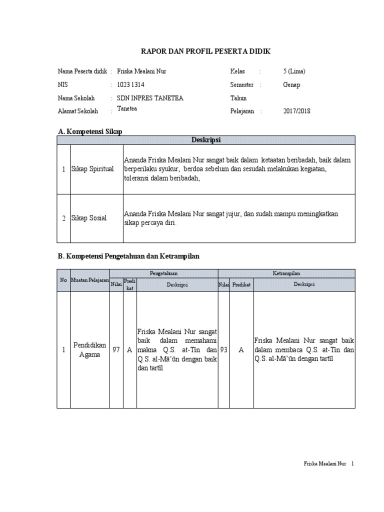 Contoh Rapor k13 | PDF