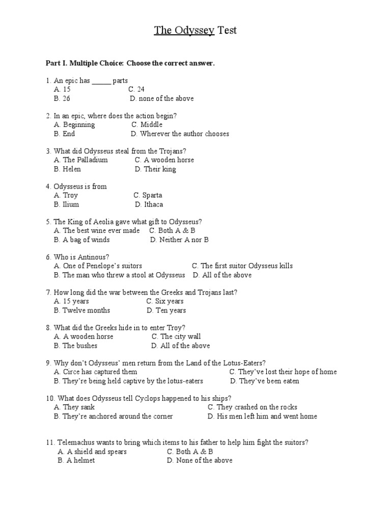 The Odyssey Unit Test | PDF | Odysseus | Odyssey