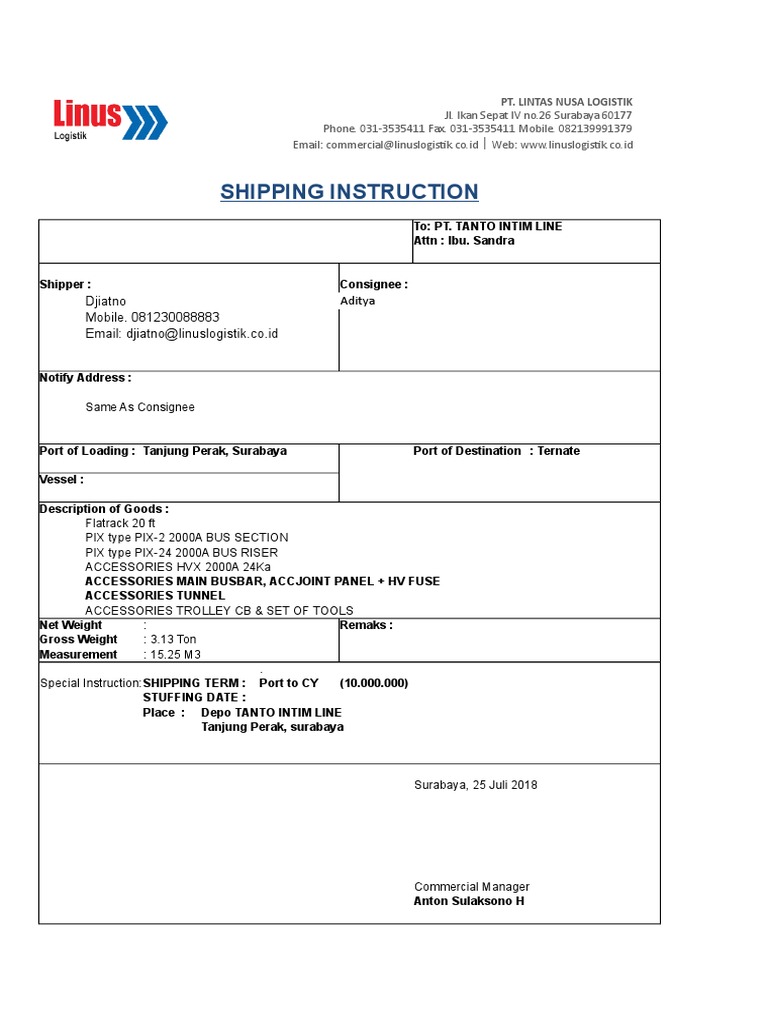 Shipping Instruction Kapal | PDF