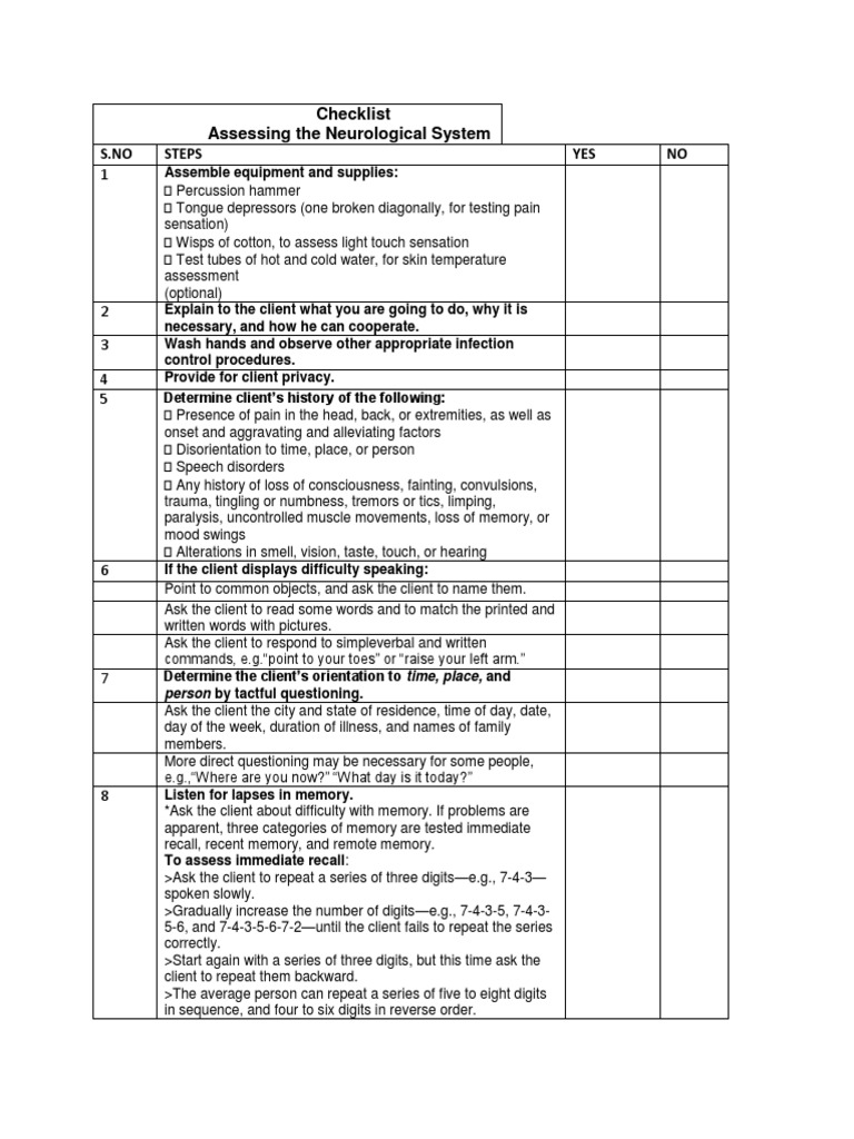 Checklist Assessing The Neurological System: S.No Steps YES NO | PDF ...